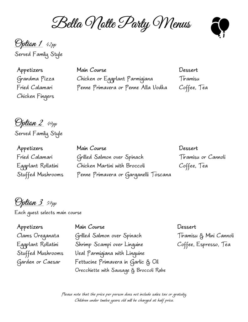 Party Menus – Bella Notte