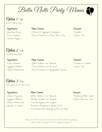 Party Menus – Bella Notte